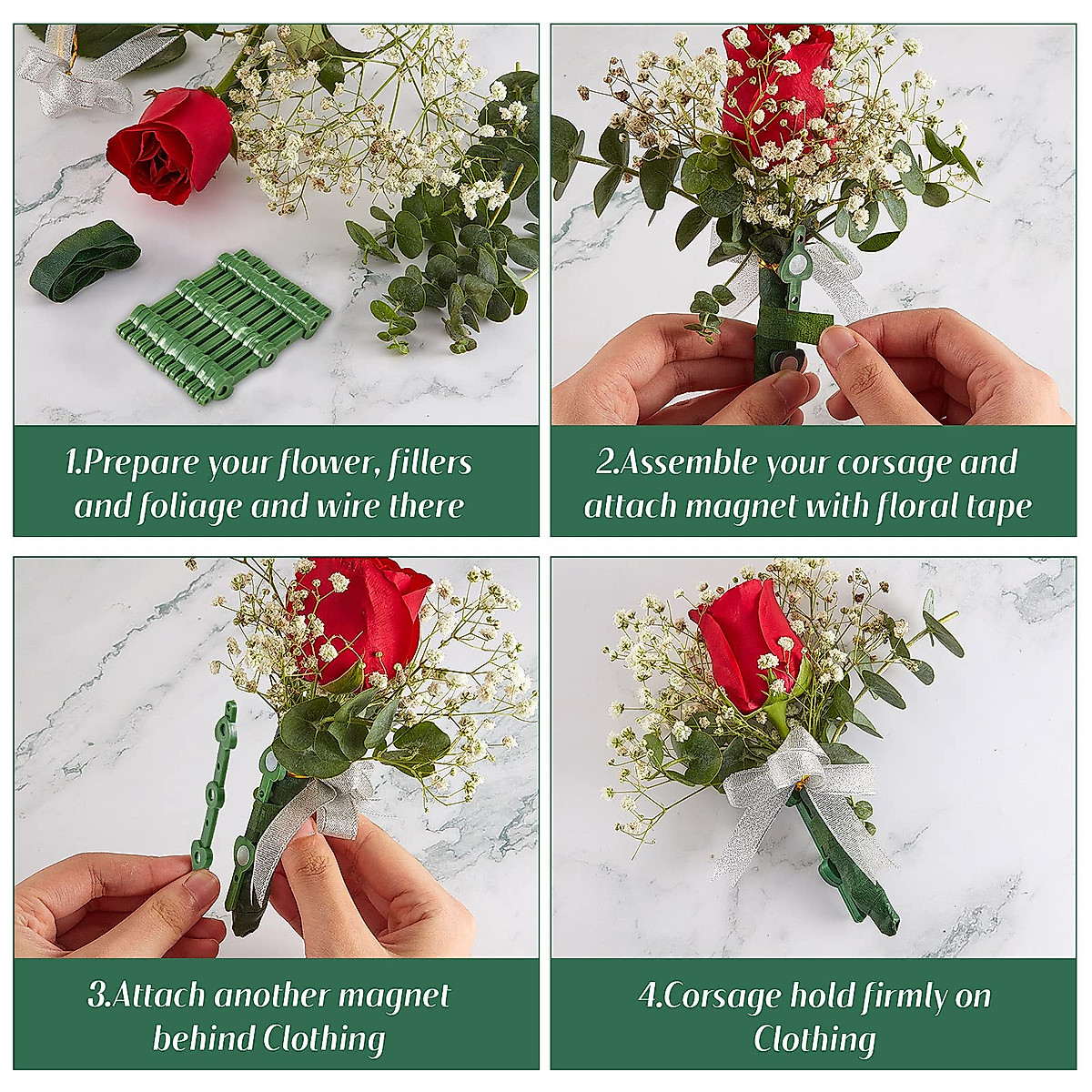 Waydress 10 Pairs Floral Boutonniere Magnets Small Corsage Fix Boutonniere Magnets Corsage Pins Brooches Flower Stick for Handmade Wedding Bride Groom Flower (Green)