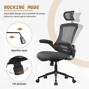 BOJUZIJA Ergonomic Office Computer Desk Chair,Adjustable Headrest,Flipped Arms,Lumbar Support 360°Swivel Task Chair -Black