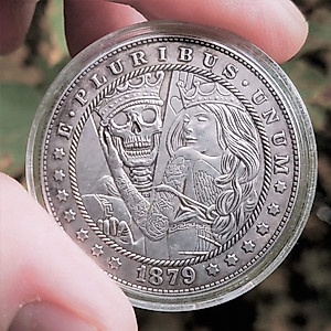 1879 Tattoo Princess with Her Skeleton King Art Coin Replica Morgan Silver Dollar Carson City Mint Mark 1.5" (38mm) Collectible with Protective Capsule and Display Stand – Comes with Display Stand