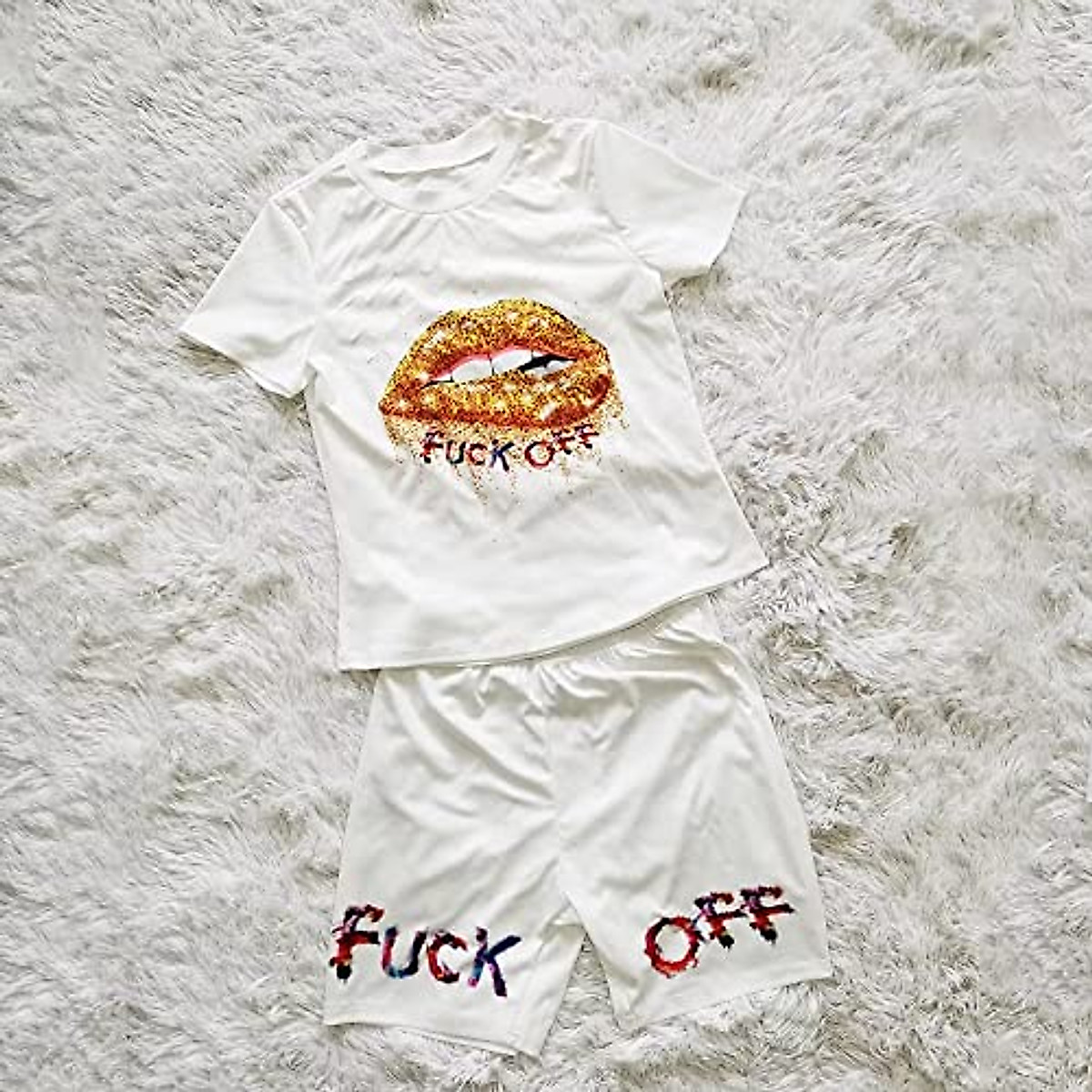 Esuo Women's 2 Piece T-Shirt Shorts Set Short Sleeve Casual Joggers Casual Sportswear Clubwear Hollow out White L