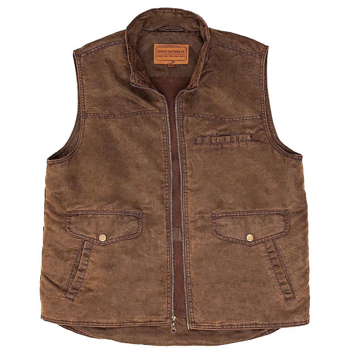 Driver Clothing Co. Men's Heavy Gauge Poly Canvas Utility Work Vest with Soft Flannel Lining and Wax Oil Weather Resistant Finish | 5 Outer Pockets and 3 Inner Pockets | Distressed Brown | XX-Large