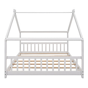 Full House Beds White Montessori Bed Wood Frame Kids Platform Bed with Headboard & Footboard for Children Boys Girls Teens
