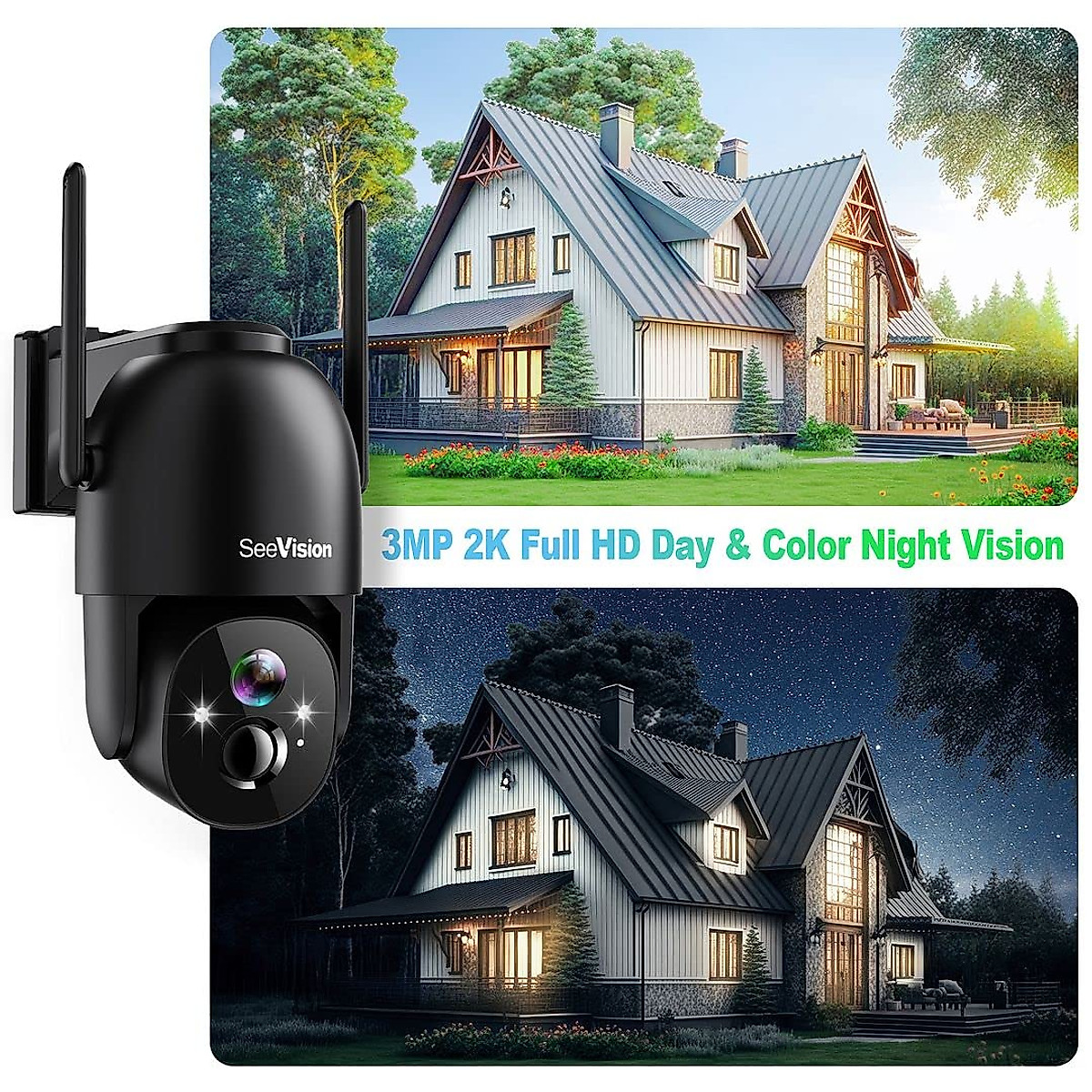 Solar Security Cameras Wireless Outdoor, SeeVision 2K Battery Powered PTZ WiFi 3MP Camera for Home with Spotlight, PIR Motion Detection,Siren, Color Night Vision, 2-Way Talk, SD/Cloud Storage