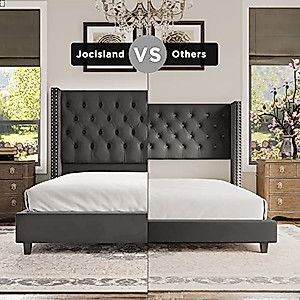 Jocisland King Bed Frame Wingback Headboard Upholstered Bed Velvet Tufted Deep Button/No Box Spring Needed/Easy Assembly/Dark Gray