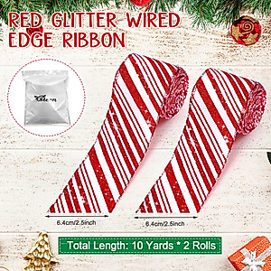 2 Rolls 20 Yards Red and White Striped Ribbons, 2.5 Inch Wide - Candy Cane Glitter Ribbons for Christmas Tree and Gift Wrapping