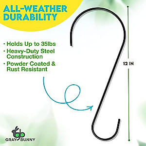 Gray Bunny Metal Tree Branch Hook, 12 Inch, Black, 2-Pack, Premium Extra Thick 1/5 Inch Diameter Rust Resistant Steel S-Hooks for Bird Feeders and Baths, Planters, and More, Christmas Outdoor Lights