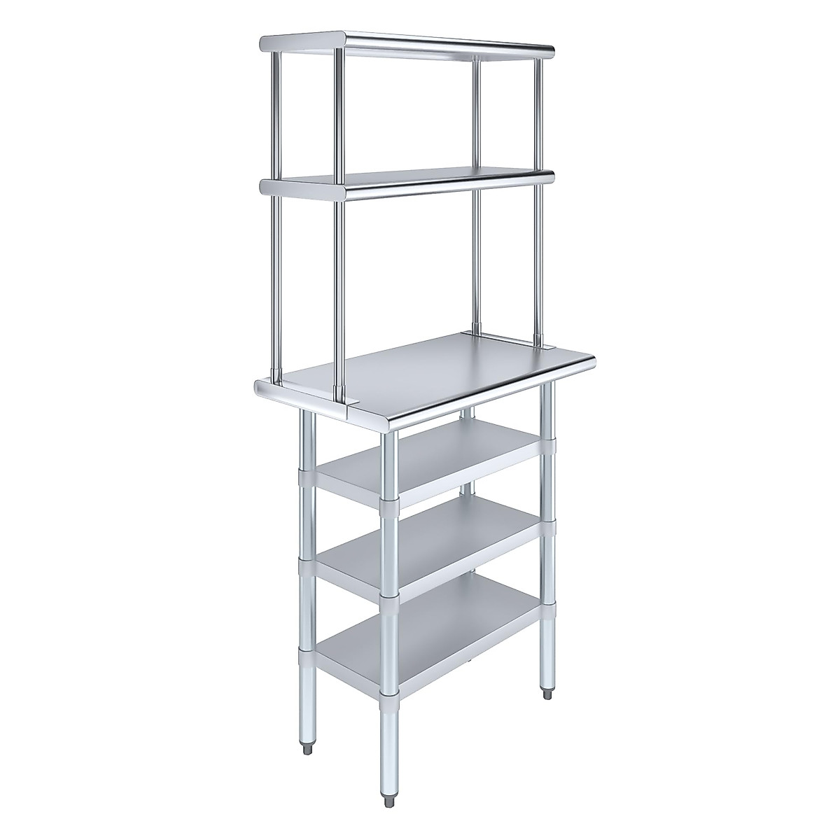 Amgood 18" x 30" Stainless Steel Work Table with 3 Shelves and 12" Wide Double Tier Overshelf | Metal Kitchen Prep Table & Shelving Combo | NSF