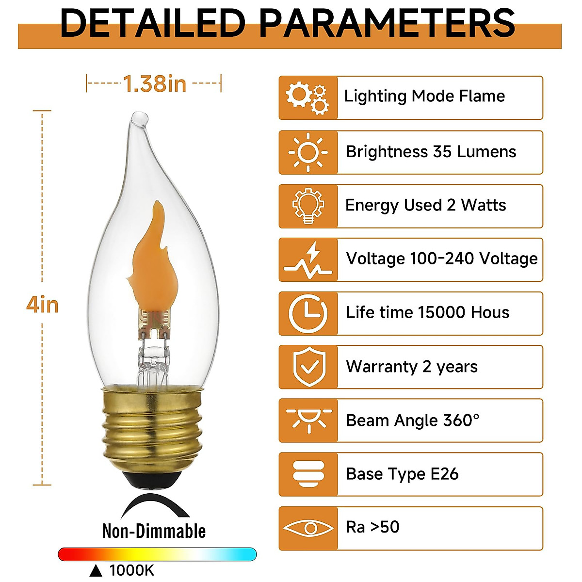 XIAOKALAMI LED Flame Effect Light Bulb E26 Flickering Candle Light Bulbs Crystal Clear Candle Bulb for E26 Edison Base (Non-Dimmable, C11/C35(2pack))