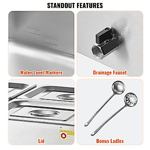 VEVOR 110V 4-Pan Commercial Food Warmer, 1200W Electric Steam Table 15cm/6inch Deep, Professional Stainless Steel Buffet Bain Marie 48 Quart for Catering and Restaurants