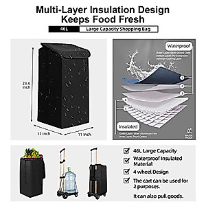 Folding Utility Shopping Cart Rolling Crate Portable Hand Truck Lightweight Trolley with Removable Waterproof Bag 70Kg/155Lbs Adjustable Handle 4 Wheels for Grocery Moving Luggage Laundry(Black+Bag)