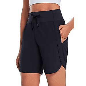 BALEAF Women's 7" Long Running Shorts Athletic Workout Gym Quick Dry Hiking Shorts High Waisted Zipper Pocket Black L