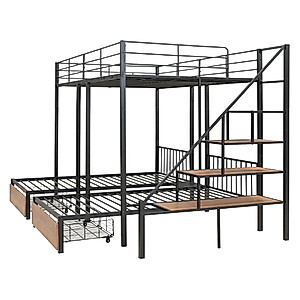 CITYLIGHT Triple Bunk Beds with Storage, Metal Full Over Twin & Twin Bunk Beds with Stairs,3 Bed Bunk Bunk for Kids, Girls, Boys,Teens, Adults,Space Saving Design,Can be Separated into 3 Beds, Black
