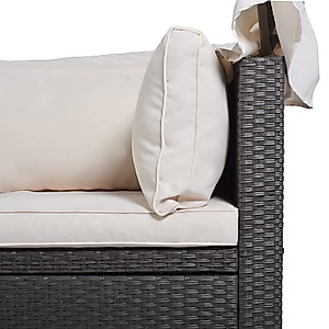 Merax 4 PCS Outdoor Patio Conversation Sets PE Wicker Sectional Sofa Rattan Daybed with Canopy, Lift Top Table, and Ottomans, Beige