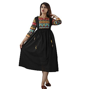 Women's Rayon Floral Printed Anarkali Kurti With Tassels (Black-Medium/38)