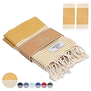 COCOTTON Boho Striped Turkish Hand Towels Set of 2 | 100% Cotton, 16 x 40 Inches | Decorative Bathroom Hair Face Gym Yoga Dishcloth Tea Kitchen Light Weight Quick Dry Farmhouse Towel (Mustard)