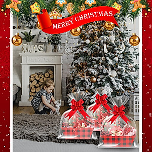 Yeaqee 36 Pcs Christmas Baskets for Gifts Empty Set Includes 12 Buffalo Plaid Christmas Basket for Gifts to Fill, Sturdy Cardboard Baskets Bulk 12 Bags 12 Pull Bows for Christmas Xmas