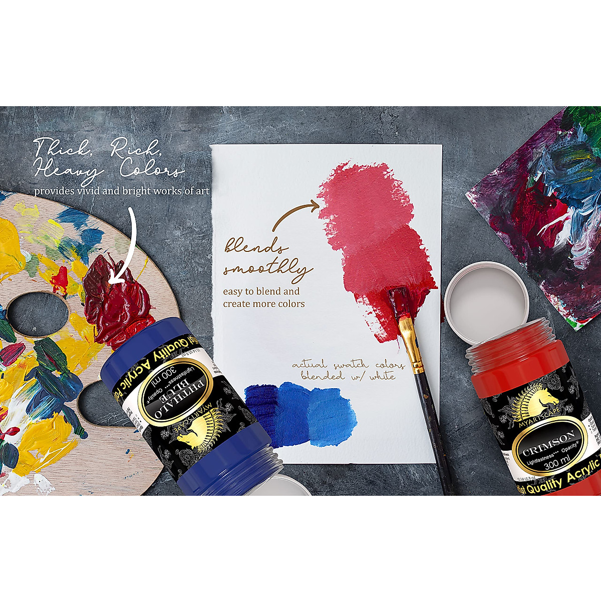 MyArtscape Acrylic Paint Set - 12 x 300ml Bottles - Lightfast - Heavy Body - Rich Pigments - Artist Quality Painting Supplies - Professional Grade Paints