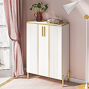 LITTLE TREE Shoe Cabinet with Doors, 6-Tier Shoe Storage Cabinet for Entryway, White and Gold