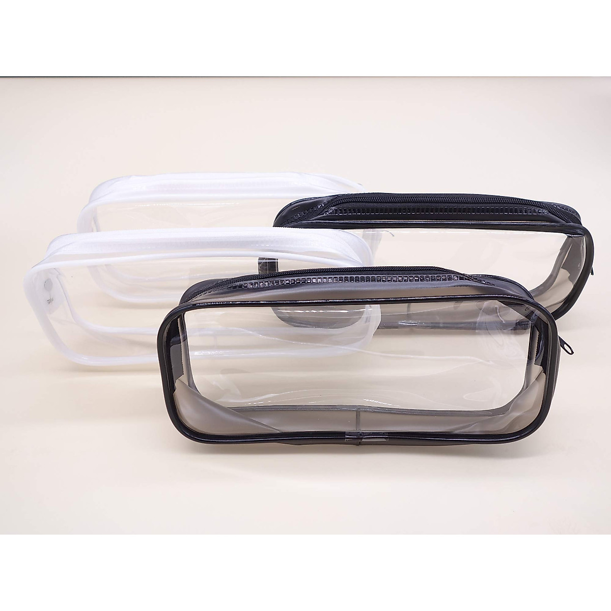 Pack of 4 Clear PVC Pencil Pouch with Zipper, Portable Transparent Big Capacity Pencil Case Makeup Bag for Stationery and Travel Toiletries Organizing(Black and White)