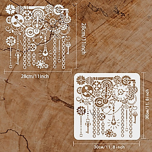 FINGERINSPIRE Gear Stencils 11.8x11.8 inch Clock Painting Stencil Plastic Clock & Key & Gear Patterns Stencil Steampunk Stencils Reusable DIY Art and Craft Stencils for Painting on Wood Fabric Walls