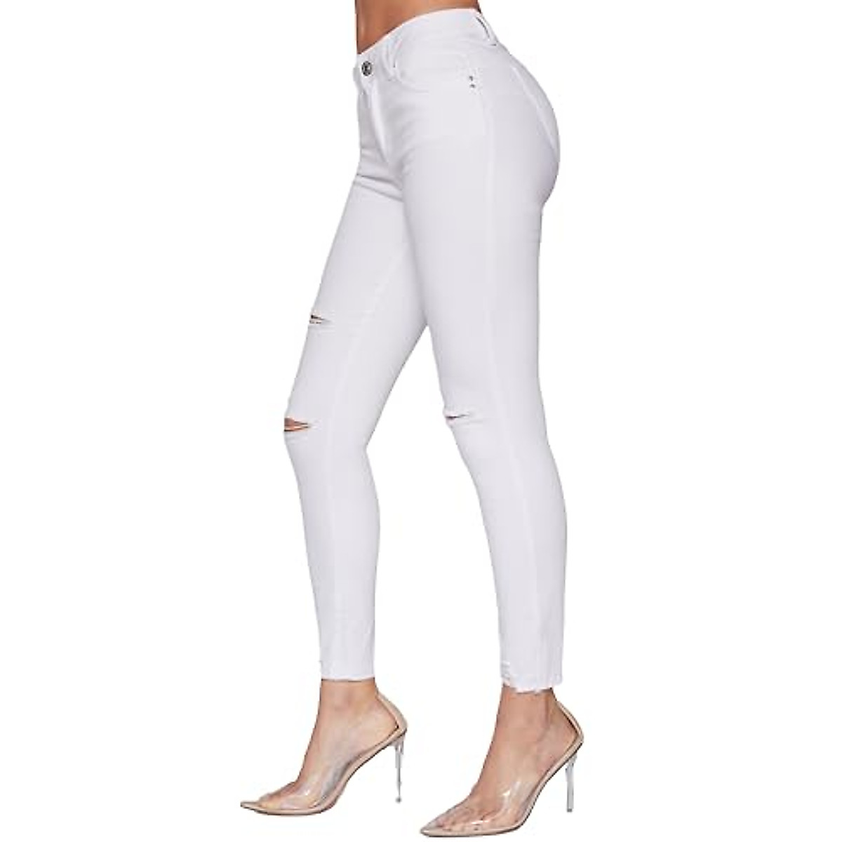 YMI Junior Womens Wannabettabutt Mid-Rise Sustainable Distressed Ankle Denim Jeans (White Rips, 11)