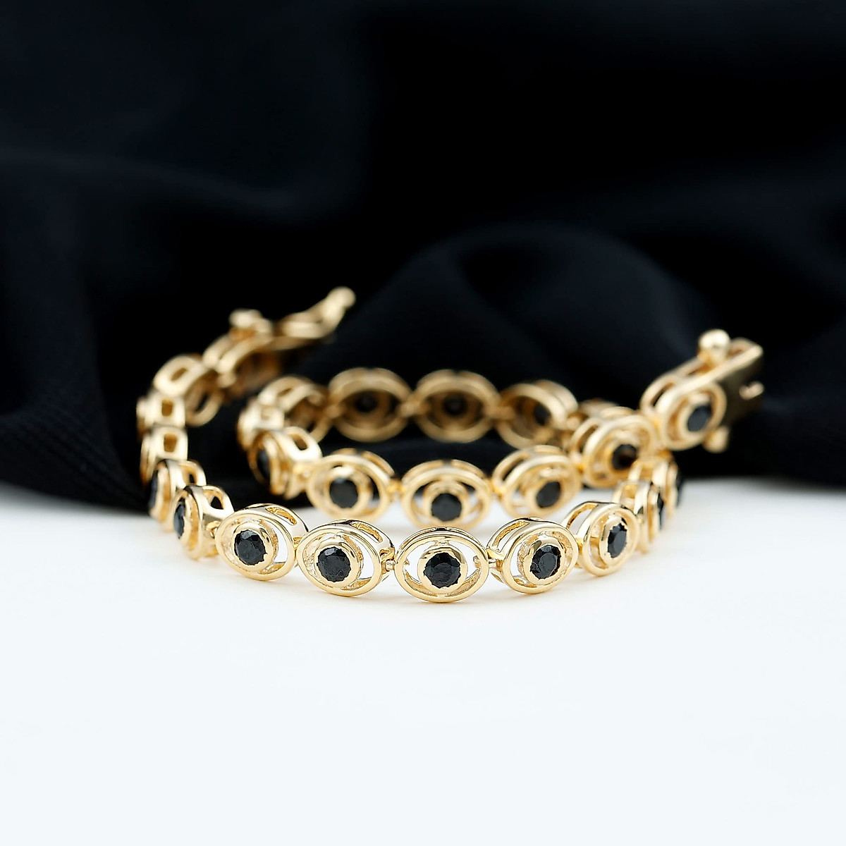 2 CT Bezel Set Black Onyx Unisex Round Shape Tennis Chain Bracelet (AAA Quality), 14K Yellow Gold, 6.5 inches