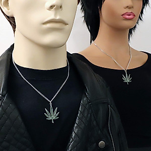 Real Metal Marijuana Weed Pot Leaf Green Enamel on Silver Finish Pewter Pendant Necklace