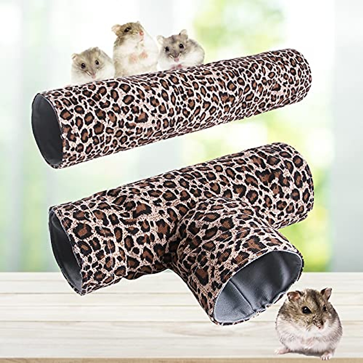Hamster Tunnels, Guinea Pig Leopard Printing Toys Play Tunnel, Skin-Friendly Fleece 2/3/4 Holes Pet Tunnel Nest for Small Animal (D)
