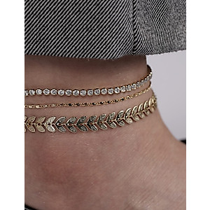 Tennis Gold Ankle Bracelets for Women 14k Gold Plated Anklet Gold Crystal Cubic Zirconia Rhinestone Anklet Leaf Handmade Chain Dainty Layered Anklet Set 3Pcs