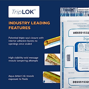 ControlTek TripLok 9" x 12", White with Pocket, 100 Bags, Tamper-Evident Deposit Bags for Cash Handling & Valuables, Moisture, Heat and Cold Sensitive Ink, Tear-off receipt + Large Barcodes 585036