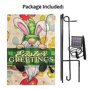 Happy Easter Light Up Garden Flag, Gnomes Solar Easter Greetings Ligthed Flag with Flagpole Spring Outside Yard Outdoor Home Decoration 12×18 Inch