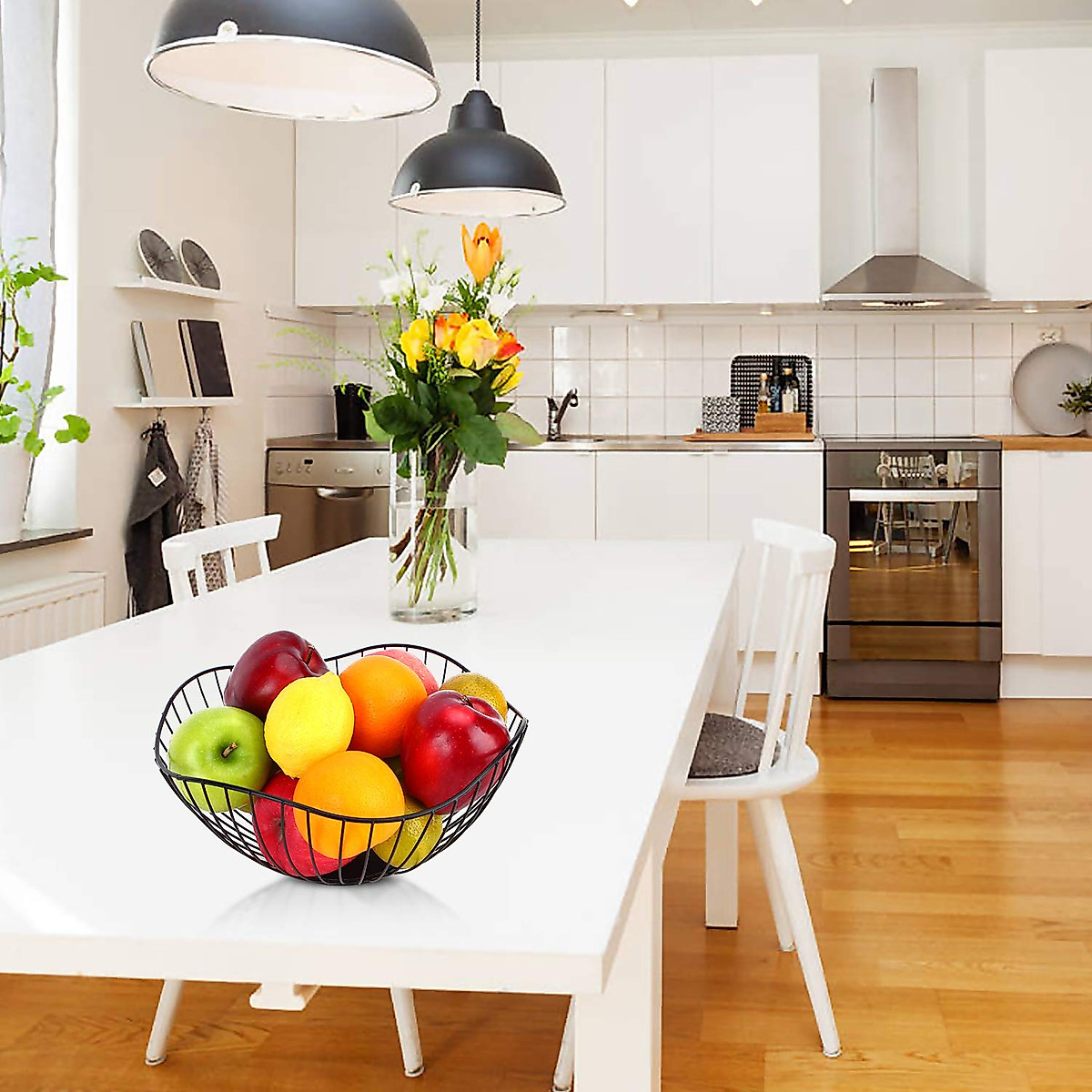 Fruit Bowl for Kitchen Counter, Modern Metal Wire Vegetable Basket for Bread and Snacks, Decorative Fruits and Veggie Storage Holder for Countertop, Table, Centerpiece (Black)