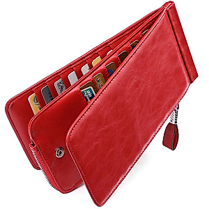 Huztencor Women's Credit Card Holder RFID Blocking Oil Wax Leather Multi Card Organizer Wallet Slim Long Zipper Bi-fold Business Card Case Clutch Wallet with ID Window Red (FBA)