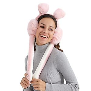 Surblue Foldable Cute Rabbit Moving Earmuffs Winter Warm Outdoor Ear Covers Headband Fur Earwarmer Pink