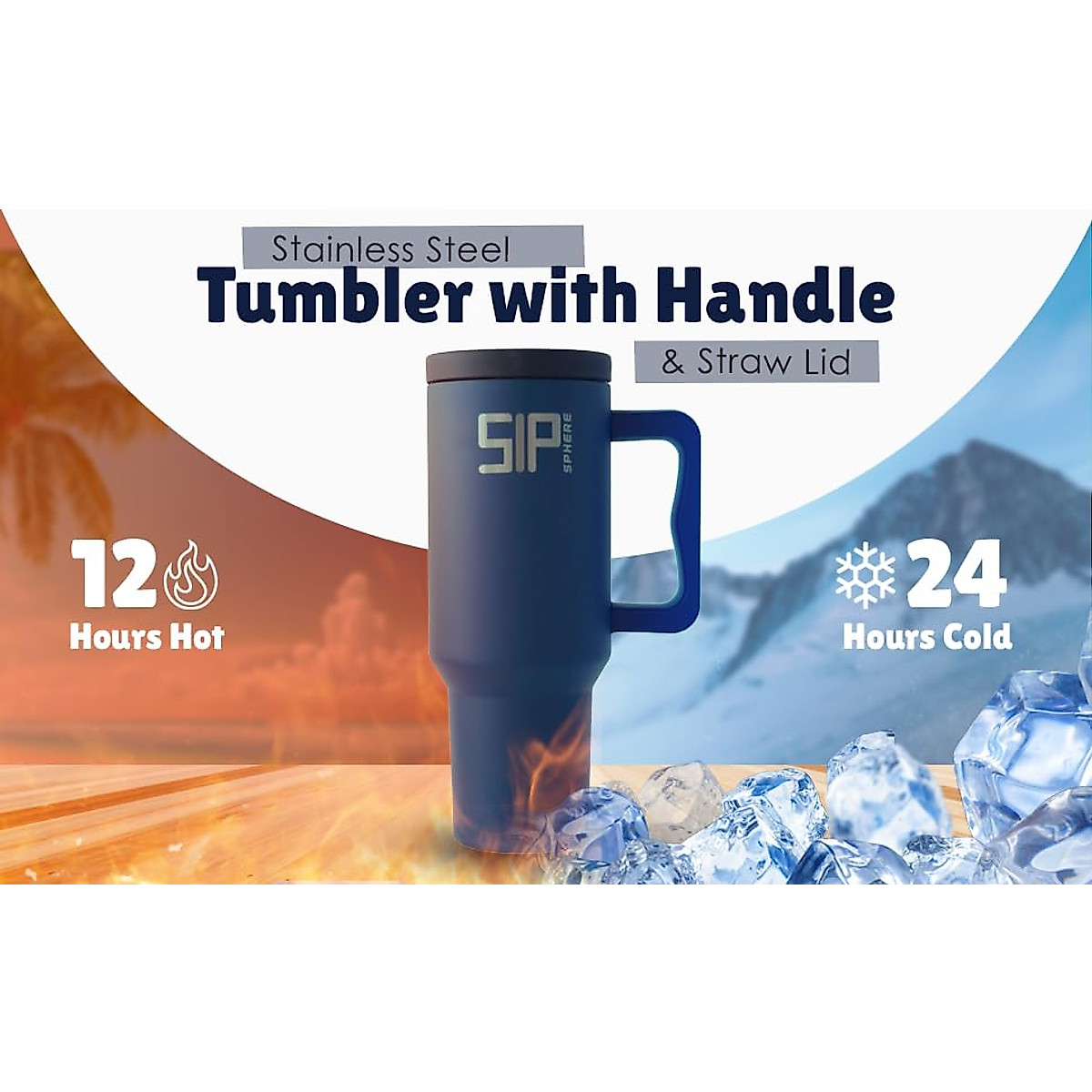 SIP SPHERE Tumbler 40oz Insulated Travel Mug with 2 Straws Double Wall Vacuum Insulated Car Cup Keeps Drinks Hot & Cold (Dark Blue)