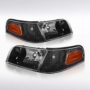 AUTOZENSATION Compatible with 1998-2011 Ford Crown Victory Black Housing Clear Lens Headlights + Corner Lights L + R Pair Headlamp
