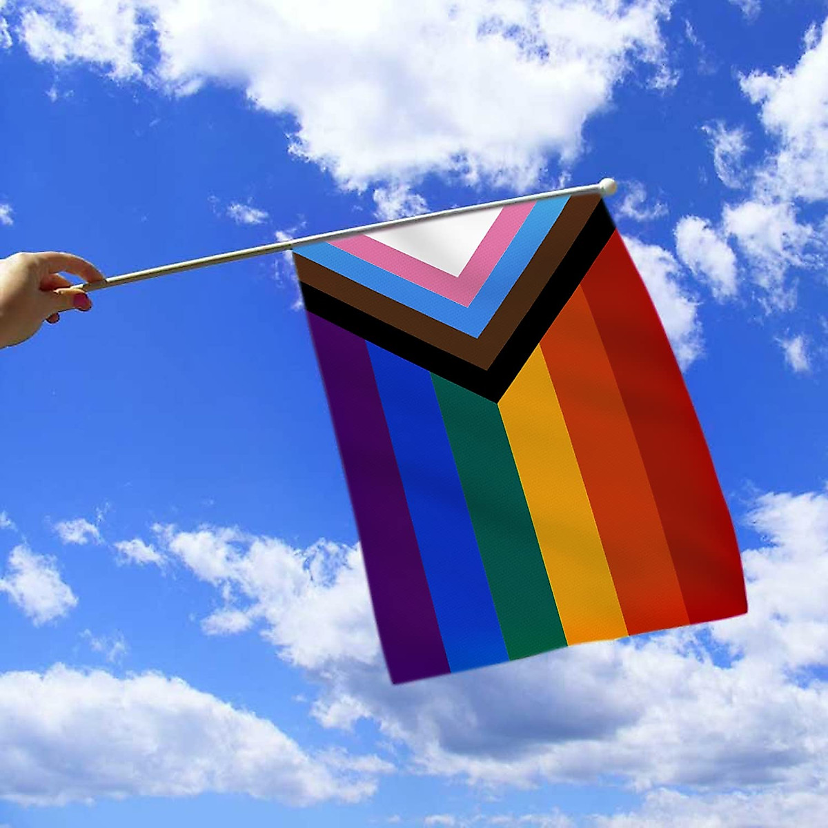 Anley Progress Rainbow Pride Mini Flag 12 Pack - Hand Held Small Miniature Rainbow Transgender Flags on Stick - Fade Resistant & Vivid Colors - 5x8 Inch with Solid Pole & Spear Top