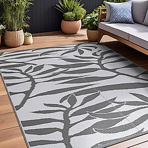 Beverly Rug Floral Leaf Outdoor Rugs 6x9 Waterproof Reversible Plastic Straw Rug Outdoor Carpet, Outside Mat for Patio, Camping, Picnic, Porch, Deck, RV, Beach, Pool, Grey and White
