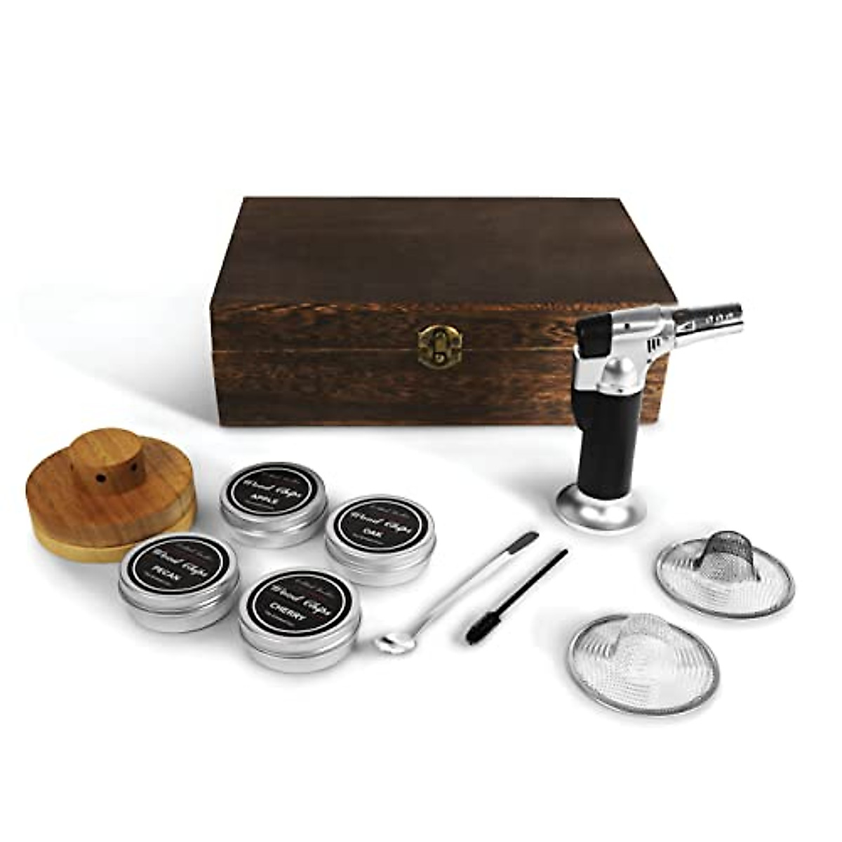 Cocktail Smoker Kit for Whiskey Old Fashion and Bourbon | with Torch 4 Flavors of Wood Chips Food Grade Torch Wooden Case