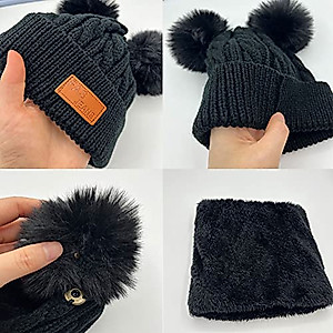 Black Winter Hats for Kids 3 Pack Boys Girls Beanie Hat Scarf Gloves Set with Pompom Fleece Lined Knit Beanie for Aged 1-5