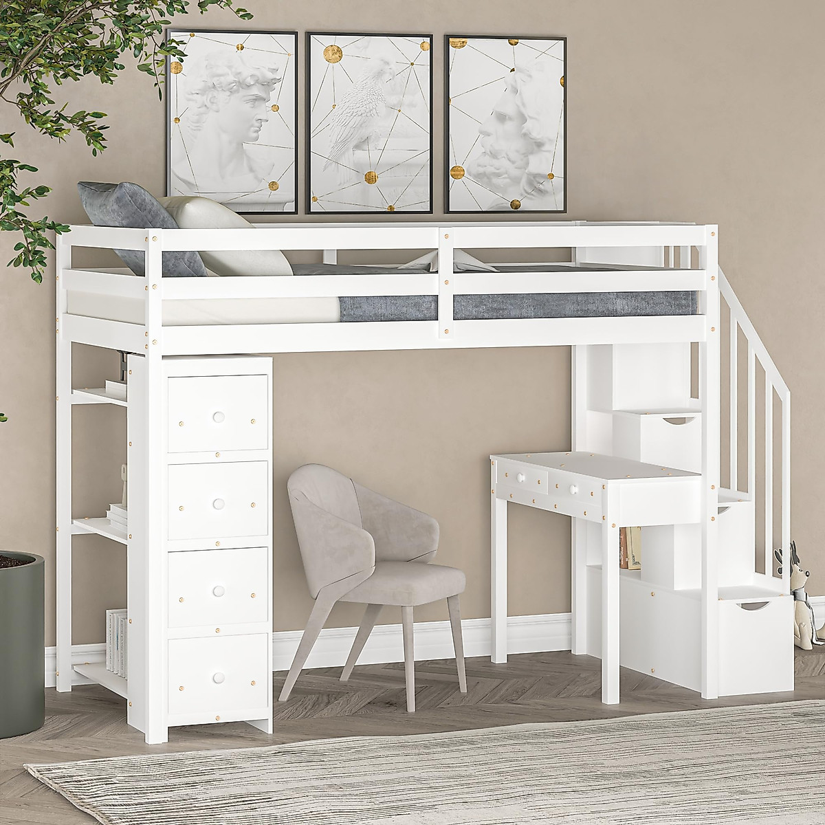 BIADNBZ Wood Loft Bed Twin Size with Desk and Stairs Storage, Wooden Loftbed with 4 Drawers and 3-Tier Shelves, for Kids Teens Bedroom, Stairway High Bedframe, White