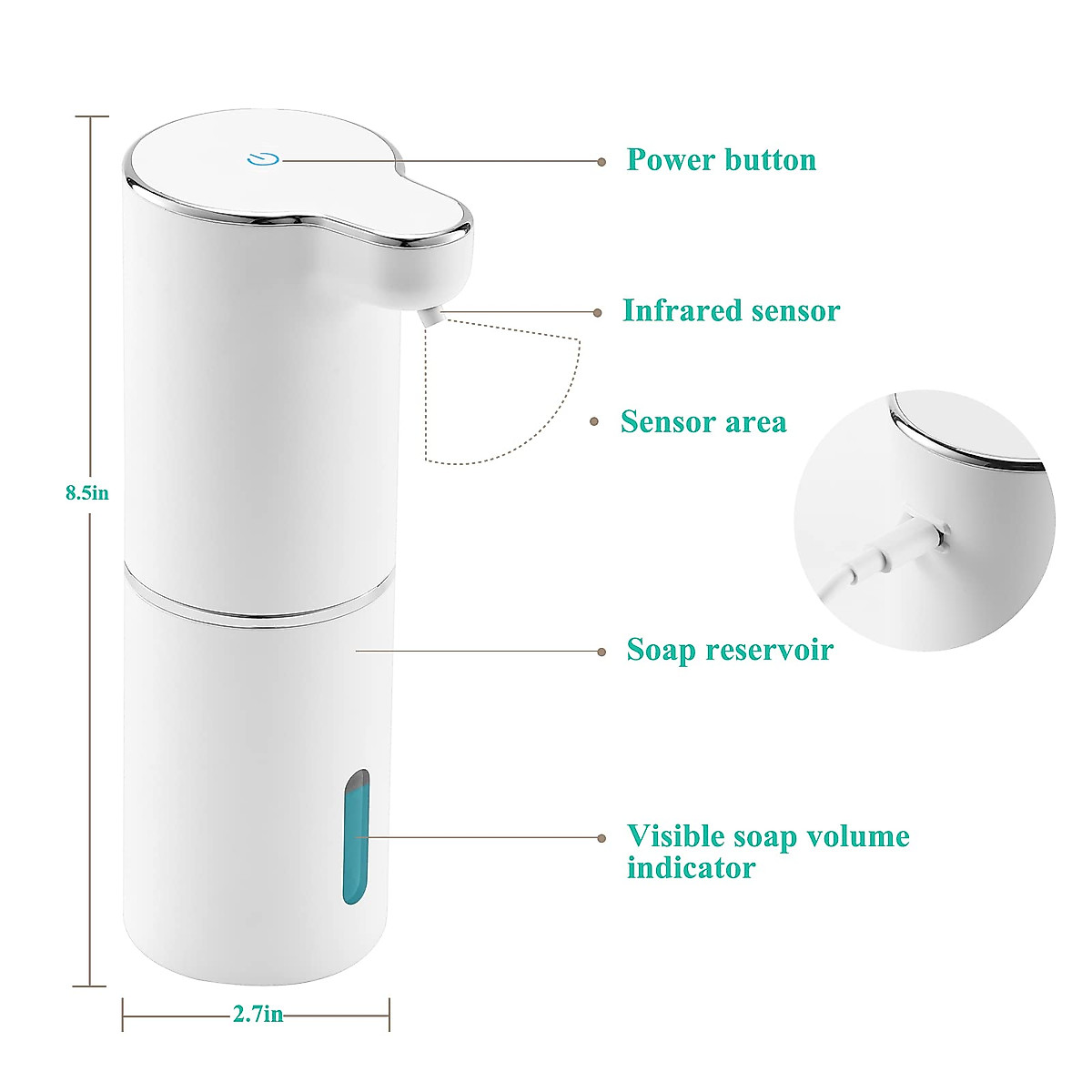 LAOPAO Soap Dispenser, Automatic Foaming Hand Soap Dispenser Touchless Foam Soap Dispenser Rechargeable Bathroom Countertop Soap Pump for Kids Xmas Gift 300ml All White