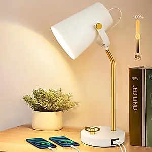 EJIAXIN White Desk Lamp with USB C+A Charging Ports Vintage LED Dimmable Reading Lamp Flexible Gold Retro Table Lamp for Home Office Nightstand Dorm Room Bedside Bedroom Living Room, Bulb Included
