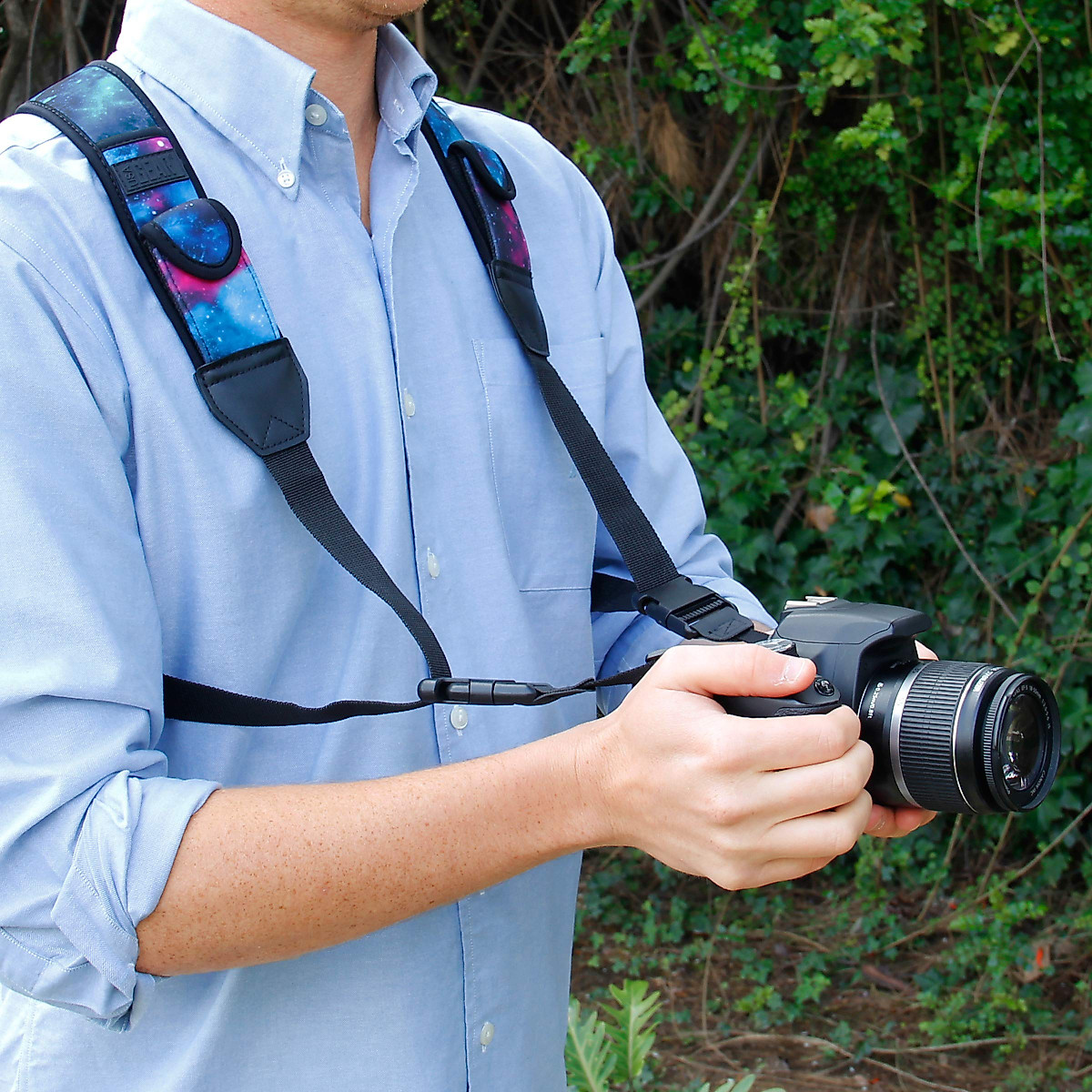 USA Gear DSLR Camera Strap Chest Harness with Quick Release Buckles, Galaxy Neoprene Pattern and Accessory Pockets - Compatible with Canon, Nikon, Sony and More Point and Shoot and Mirrorless Cameras