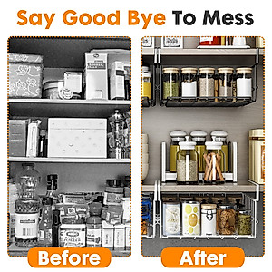 Hanging Under Shelf Storage Basket, 4 Pack Foldable Under Cabinet Metal Desk Storage Wire Rack Organizer for Kitchen Pantry Bookshelf Office Home, Easy to Install Slide-in Under Shelves (Black)