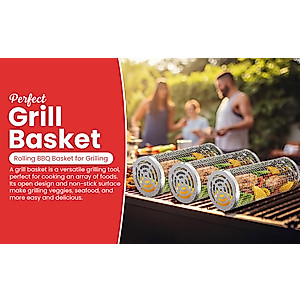 Rolling Grill Basket Stainless Steel, Barbeque Grill Basket with Removable Mesh Cover ,BBQ Accessories, Grill Baskets For Outdoor Grill, Great Rolling Grilling Basket, for Camping/Picnic, Vegetable Grill Basket, French Fries ,Fish, Chicken And Much More!