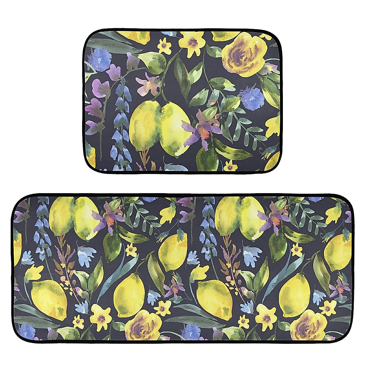 Floral Citrus Fruit Lemon Kitchen Rugs and Mats Set 2 Piece Non Slip Washable Runner Rug Set of 2 for Floor Home Decor Sink Kitchen Laundry