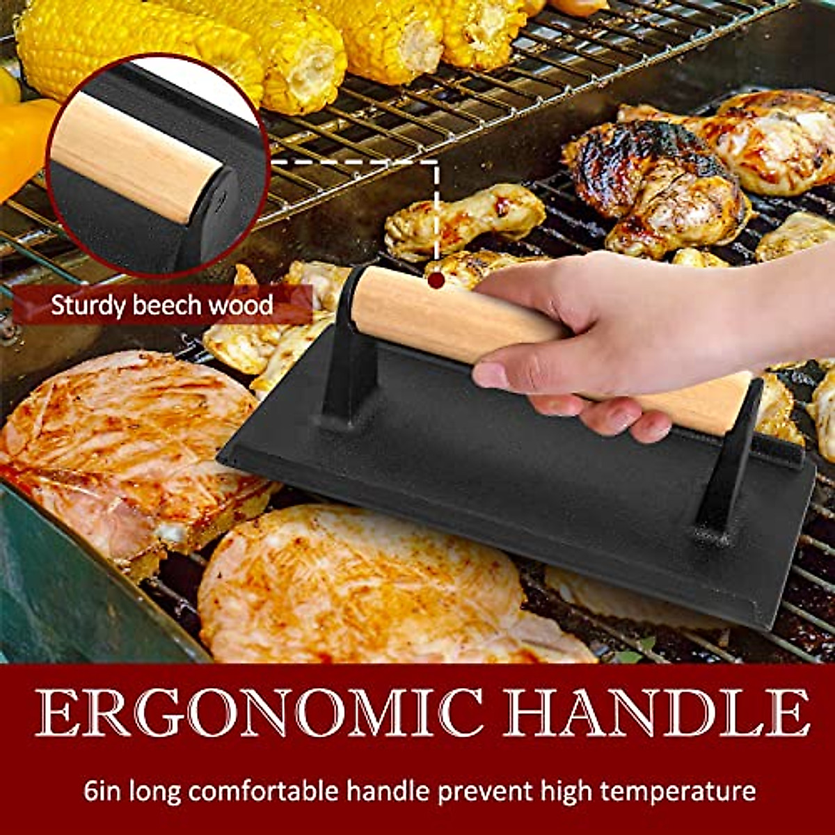 HaSteeL 2Pcs Cast Iron Bacon Press, Smash Burger Press for Teppanyaki Flat Top Griddle, Heavy Duty Round 7In & Rectangular 8x4In Grill Press, Perfect for BBQ Meat, Paninis, Tortilla, Steak, Sandwich