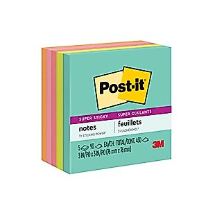 Post-it Super Sticky Notes, 3x3 in, 5 Pads, 2x the Sticking Power, Supernova Neons, Recyclable (654-5SSMIA)