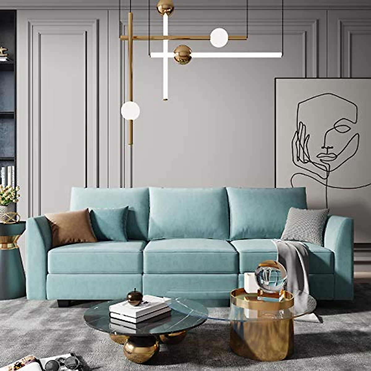 HONBAY Convertible Sectional Sofa Couch with Storage Seats Modular 3 Seater Sofa for Small Space, Aqua Blue